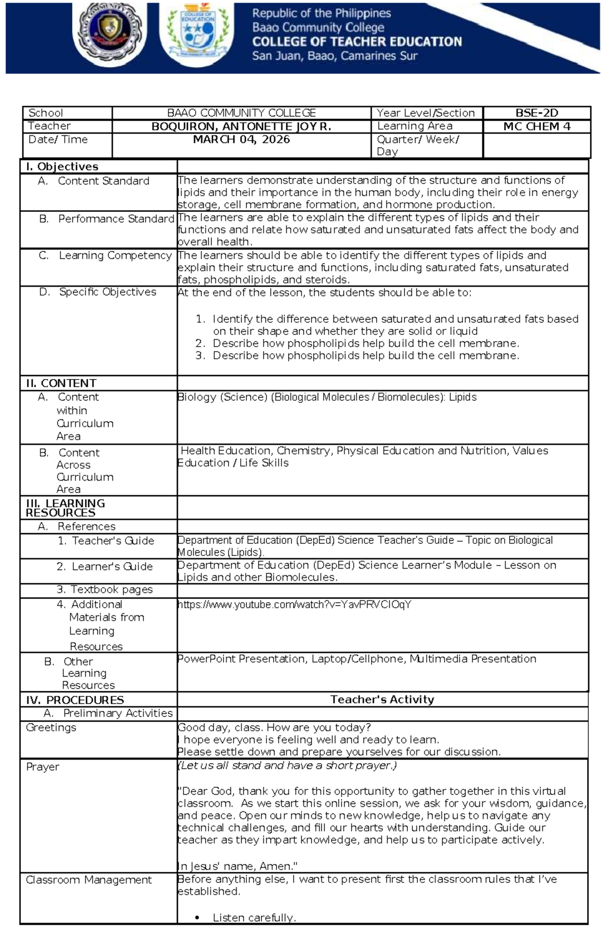 BAAO CHEM 4 Lesson Notes: Understanding Lipids and Their Functions ...