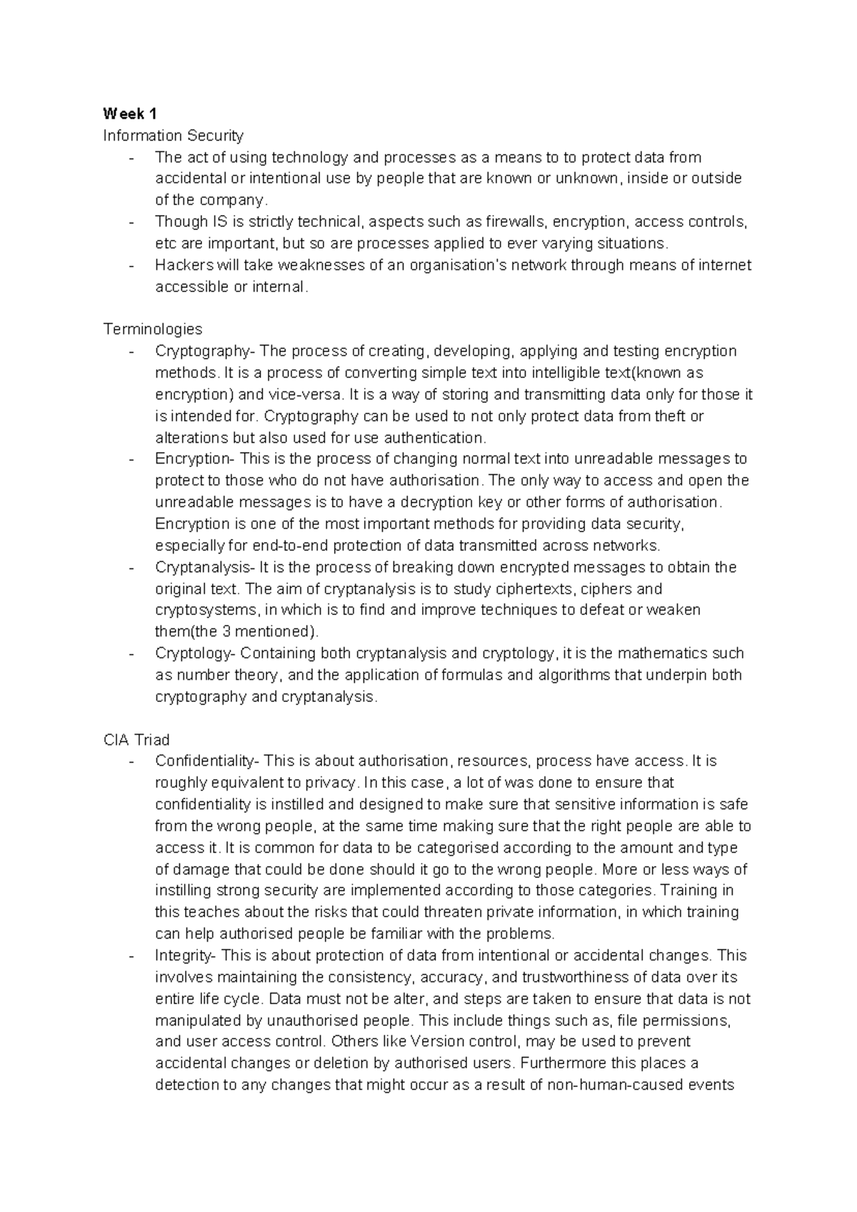 Security Fundamentals Notes - Week 1 Information Security The act of ...