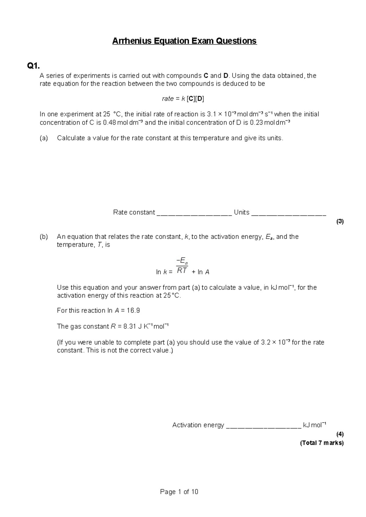Arrhenius Equation Exam Questions and Problem Solving (Chem 101) - Studocu