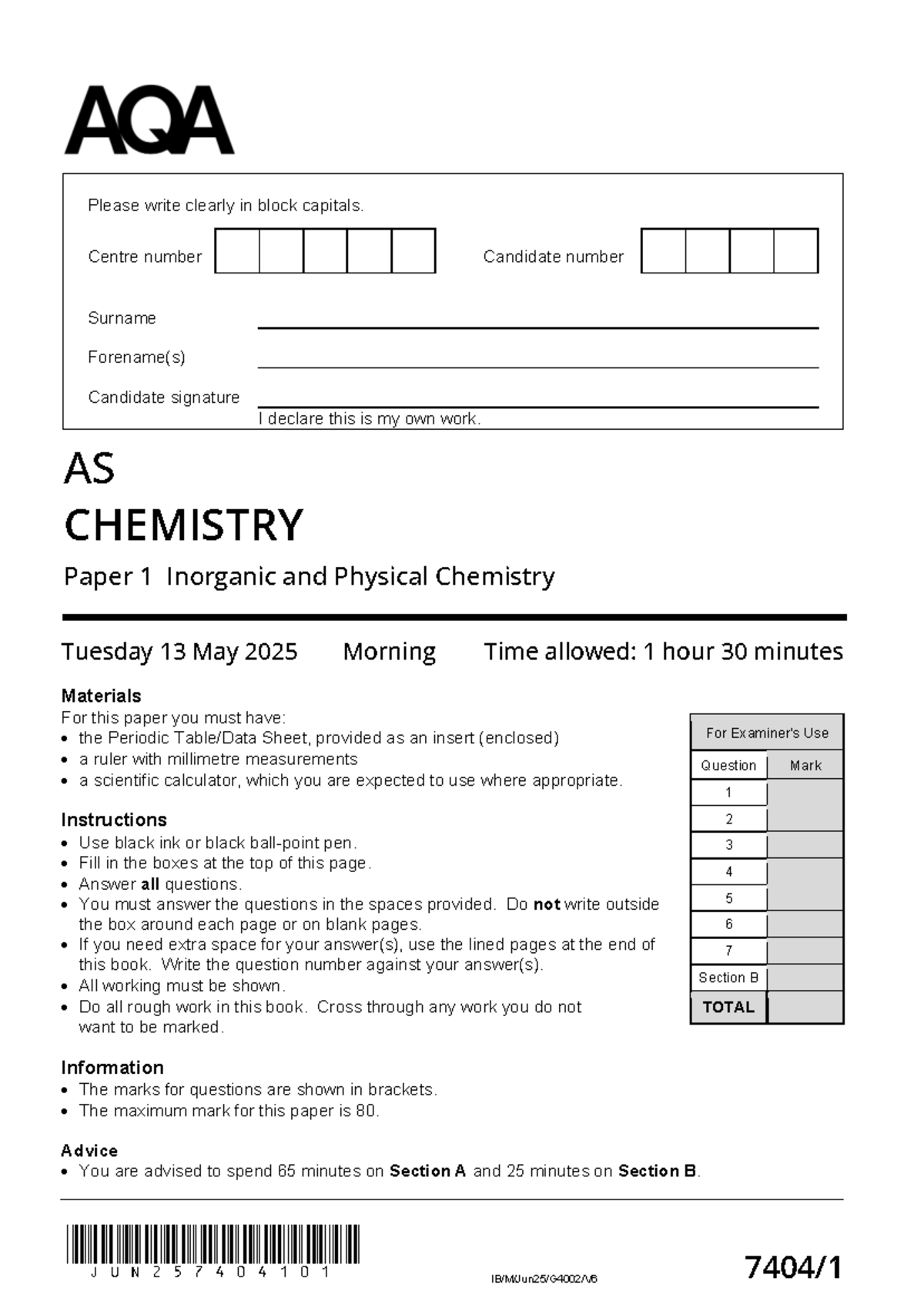 980044878 AS CHEMISTRY Paper 1 Inorganic & Physical Exam 2025 - Studocu