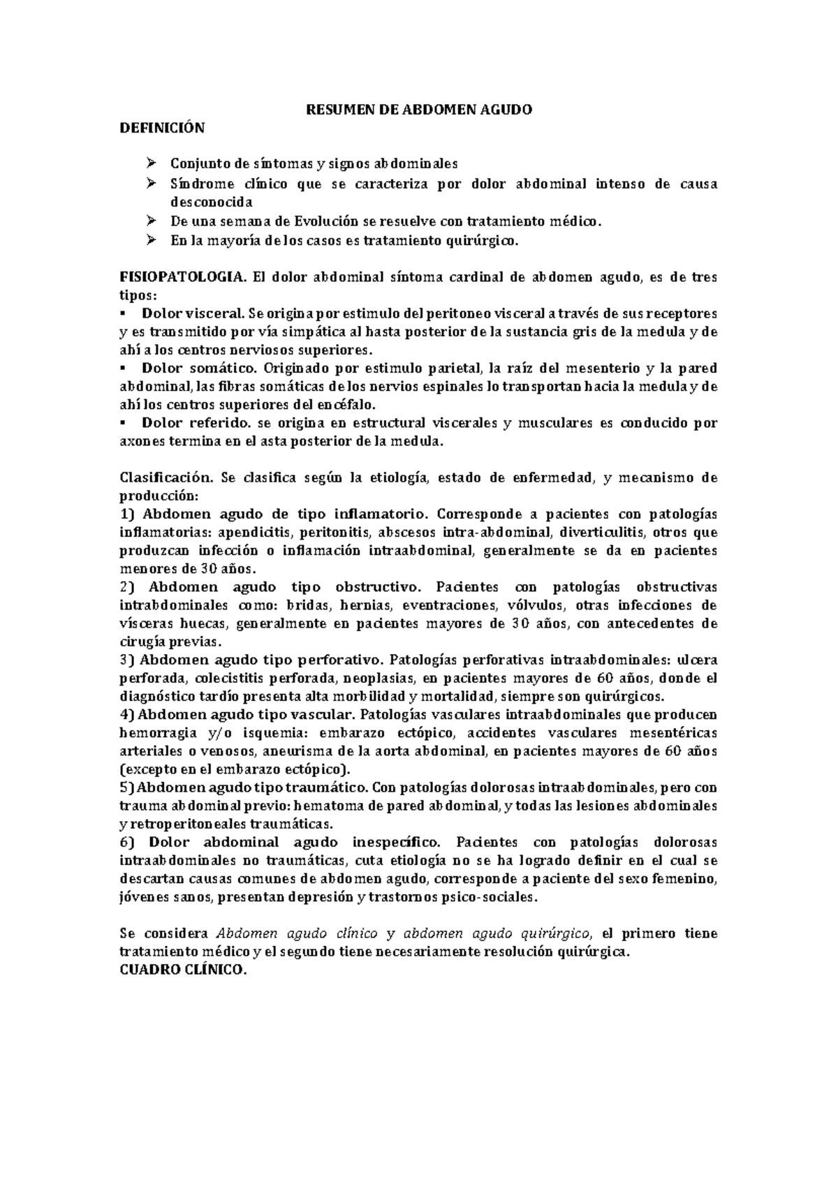 Resumen de Abdomen Agudo: Definición y Clasificación Clínica - Studocu