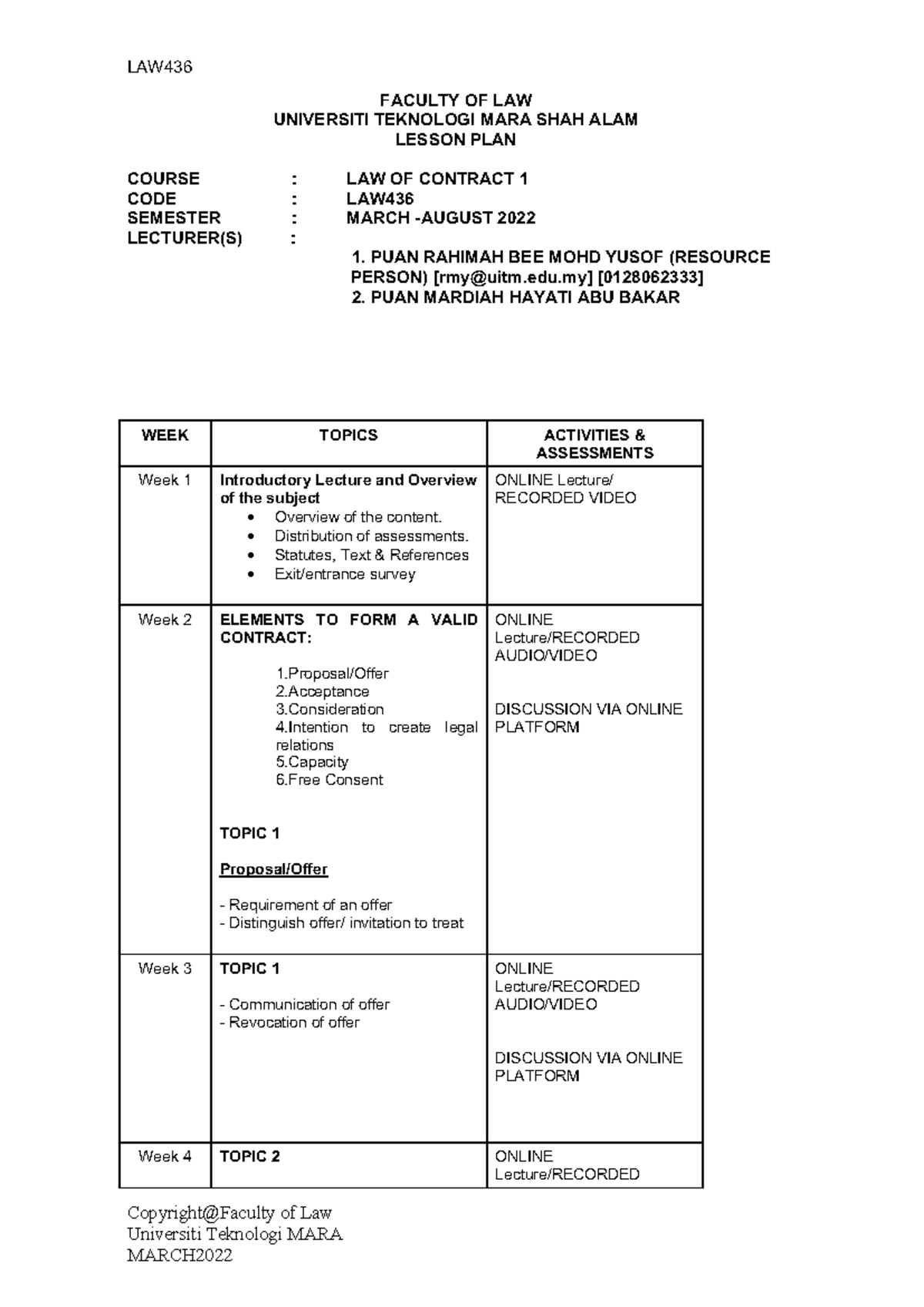 Lesson PLAN LAW OF Contract 1 - Copyright@Faculty of Law Universiti ...