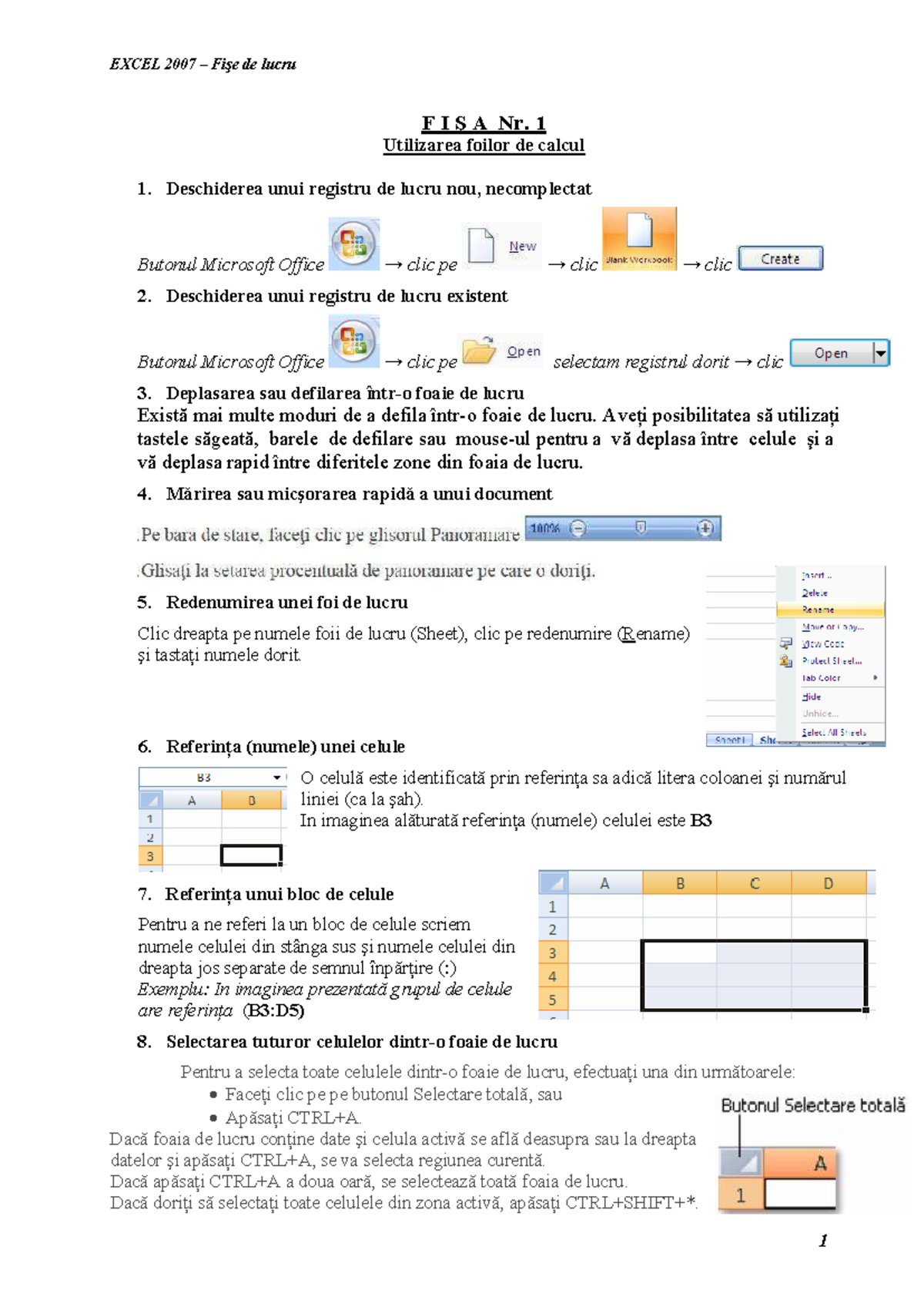 EXCEL 2007 Fişa de lucru Nr. 1: Utilizarea foilor de calcul - Studocu