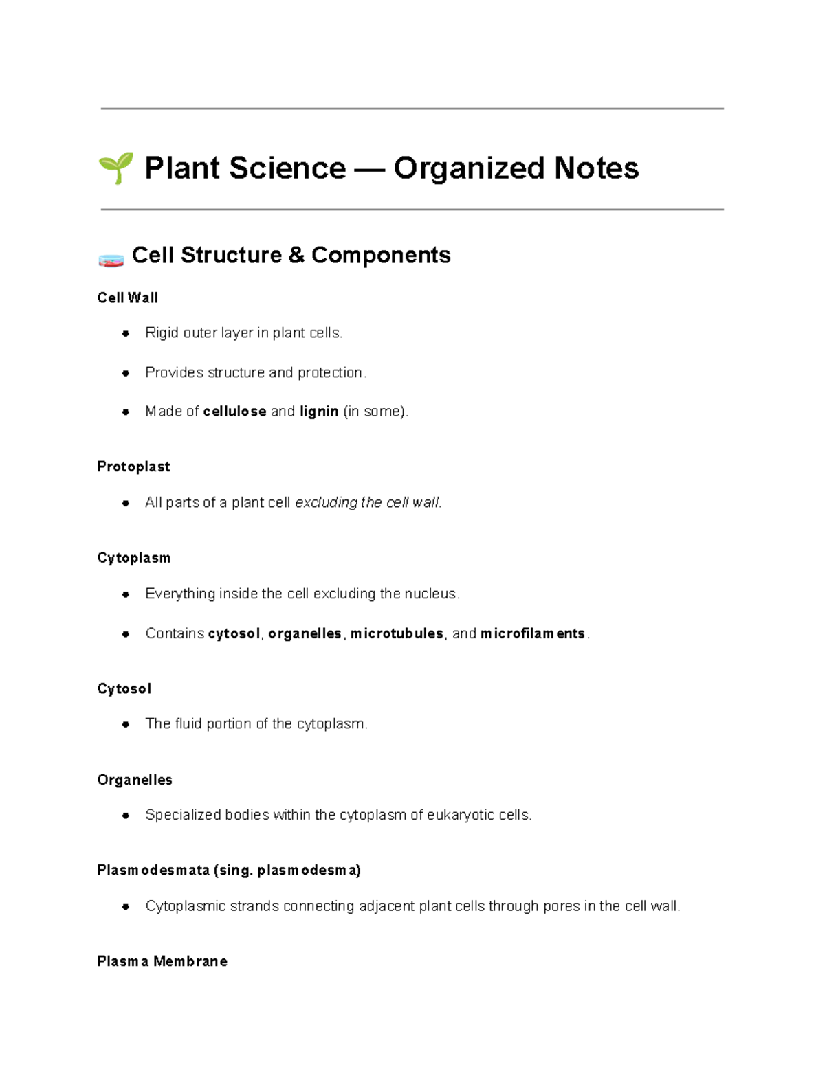 Plant Science Test 2: Organized Notes on Cell Structure & Tissues - Studocu