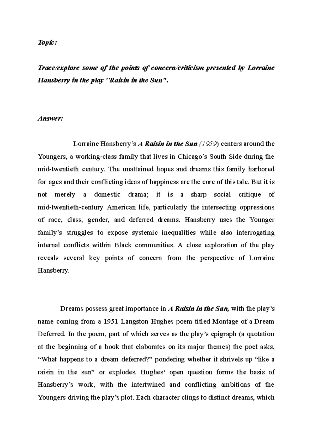 A Raisin in the Sun (ENG 101) Analysis of Lorraine Hansberry's Themes ...