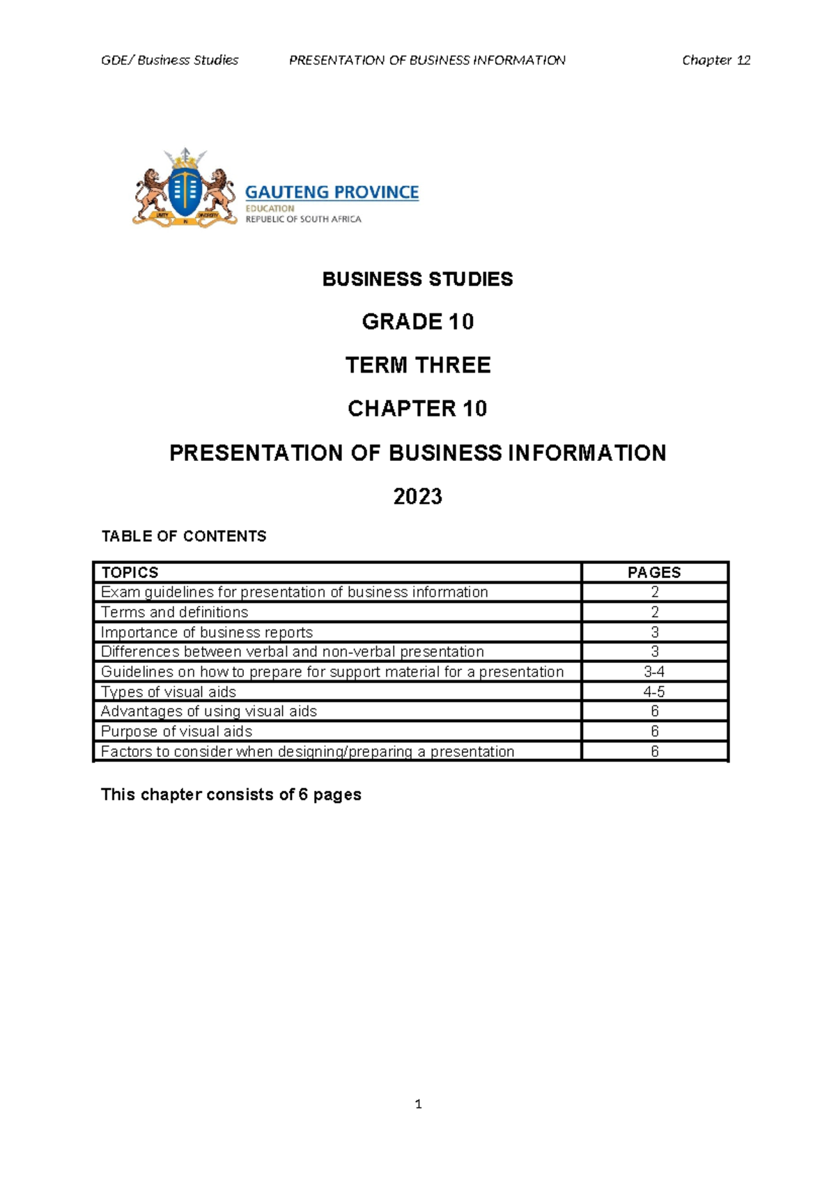 Chapter 10 Presentation of Business Information - Grade 10 Guide - Studocu