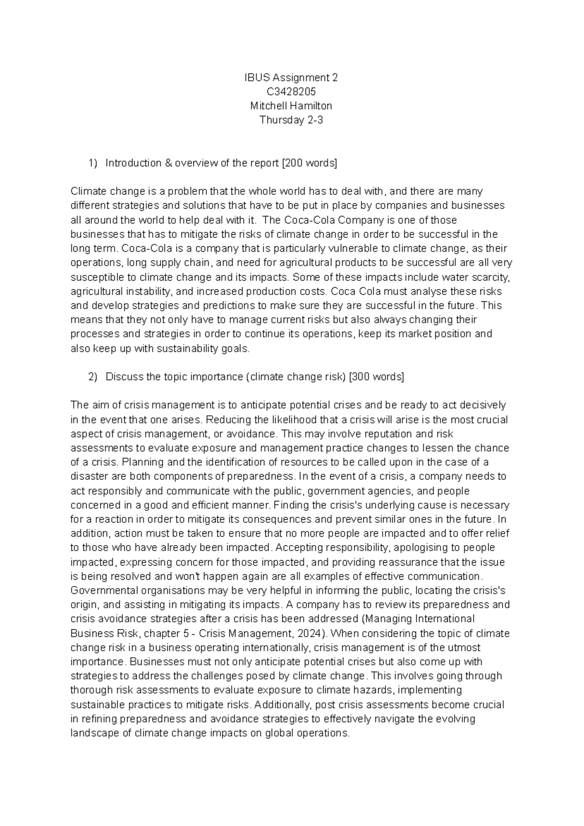 IBUS 1000 Assignment - IBUS Assignment 2 C Mitchell Hamilton Thursday 2 ...
