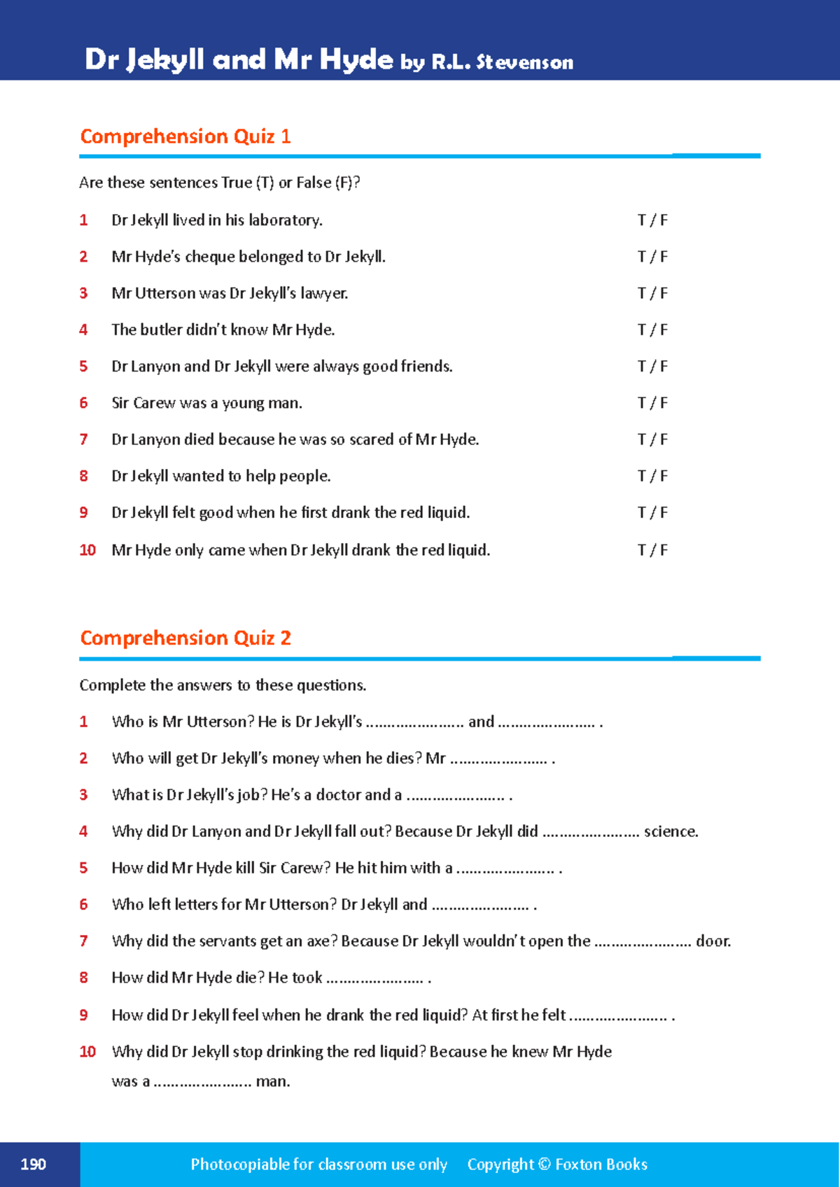 Dr Jekyll and Mr Hyde Comprehension Quiz 1 & 2 - Studocu