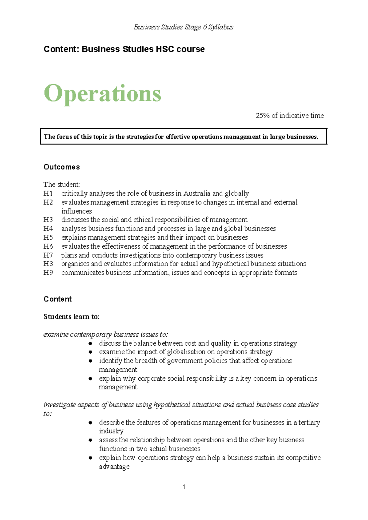 Business Studies HSC Year 12 Syllabus Overview and Key Topics - Studocu