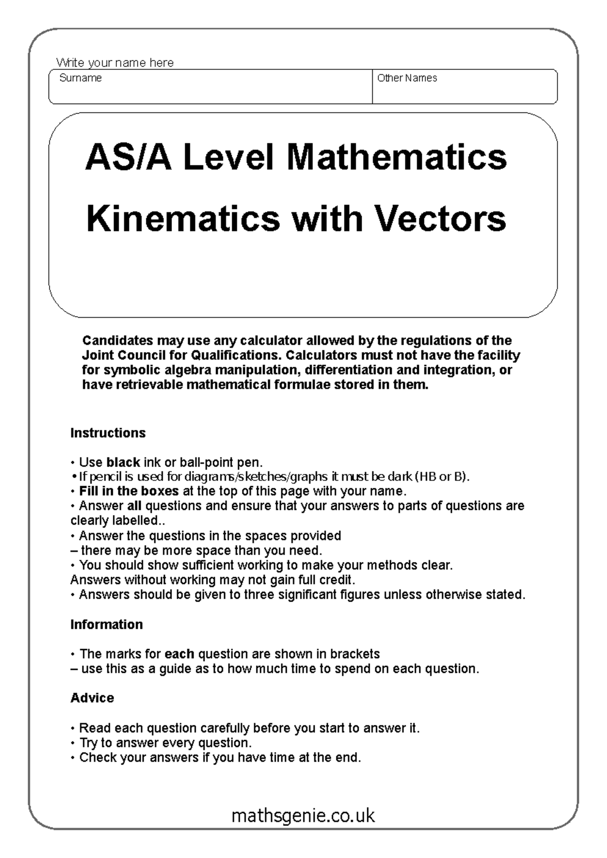 Kinematics with Vectors - Mechanics Exam (Level Mathematics) - Studocu