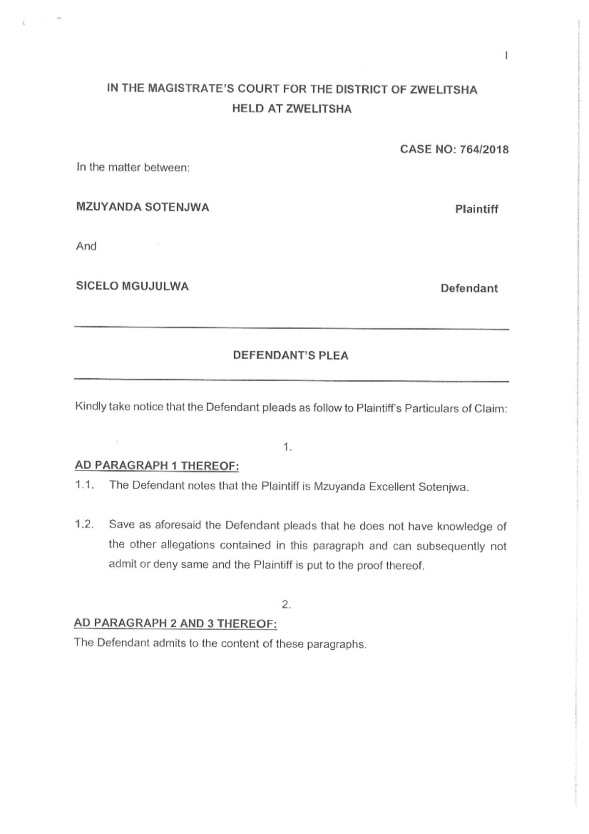 Defendant's Plea in MV Collision Case: Zwelitshaa District Court - Studocu
