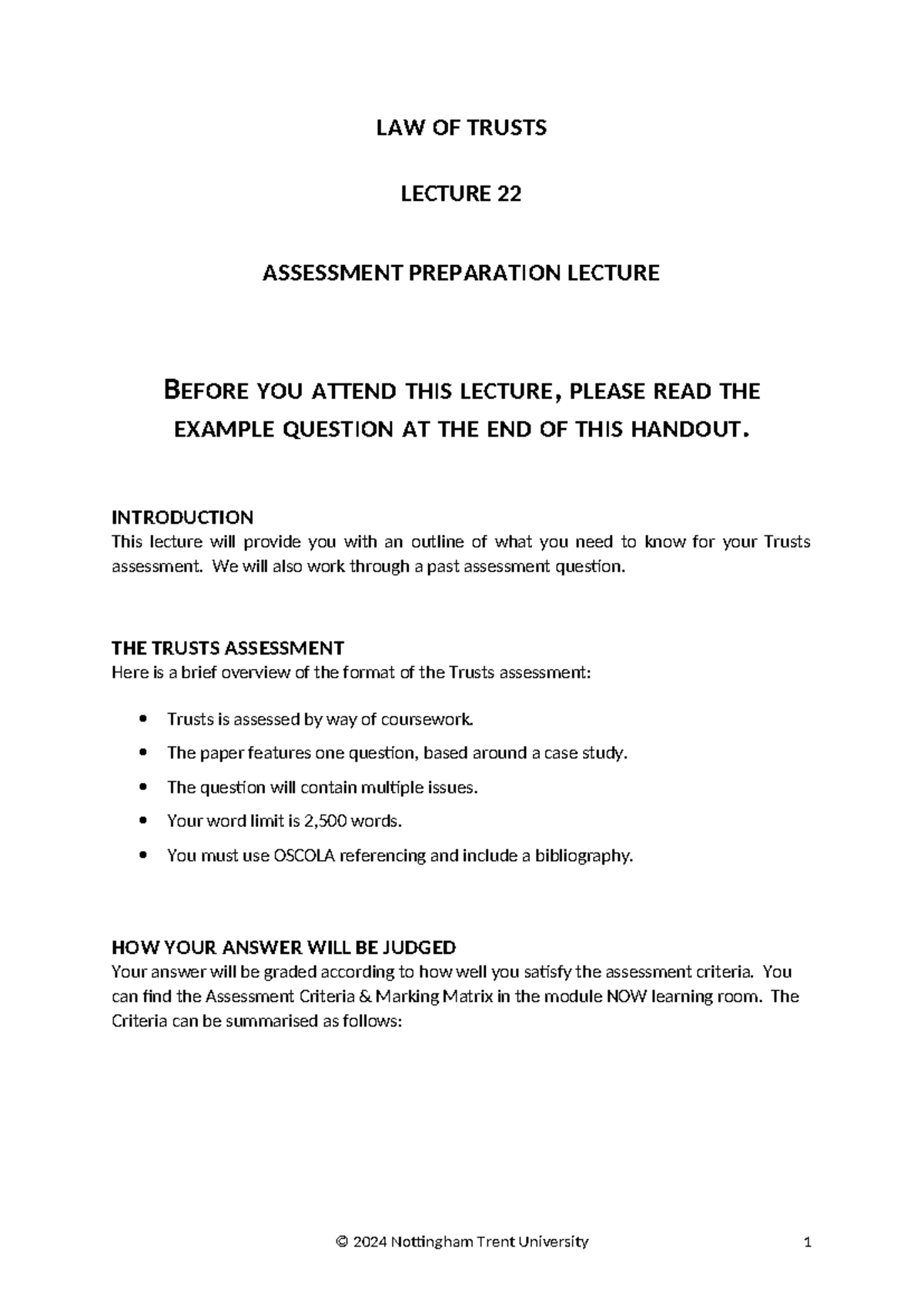 Trusts Law (LAW301) Lecture 22: Assessment Prep & Past Question ...