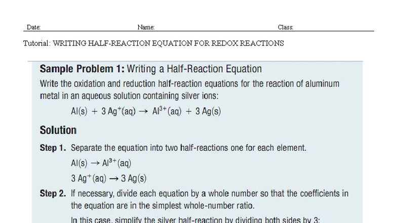 WRITING REDOX REACTIONS: BALANCED & NET IONIC EQUATIONS Worksheet 2 ...