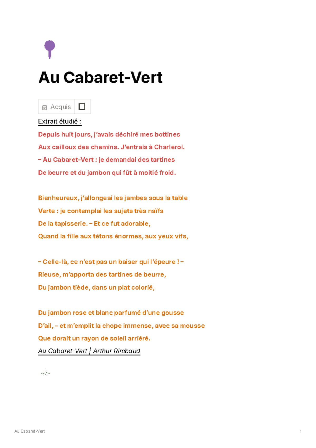 Fiche analytique : Poème "Au Cabaret Vert" d'Arthur Rimbaud - Studocu