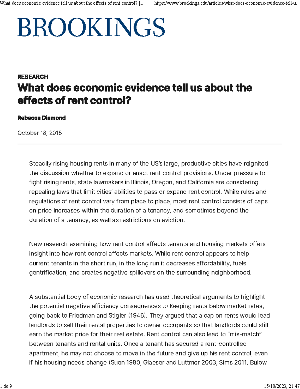 Economic Evidence on Rent Control Effects: Insights from Brookings ...