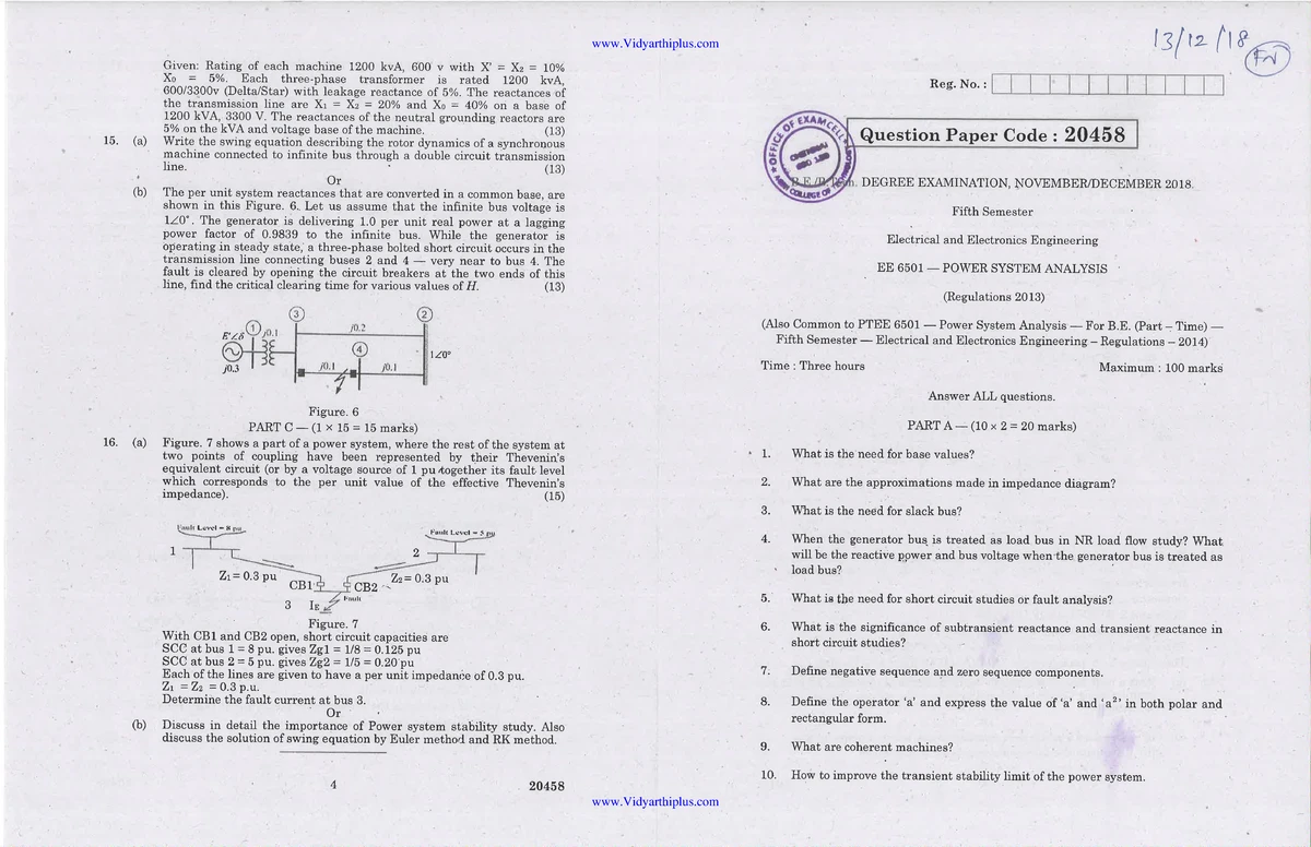 EE6501 Power System Analysis - Question Paper 2019 - Studocu