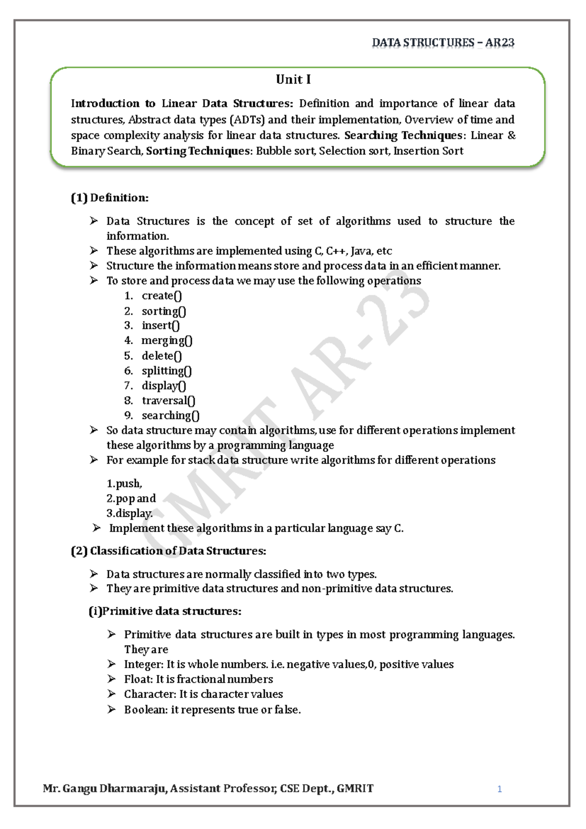 UNIT-I: Introduction to Linear Data Structures & Searching Techniques - Studocu