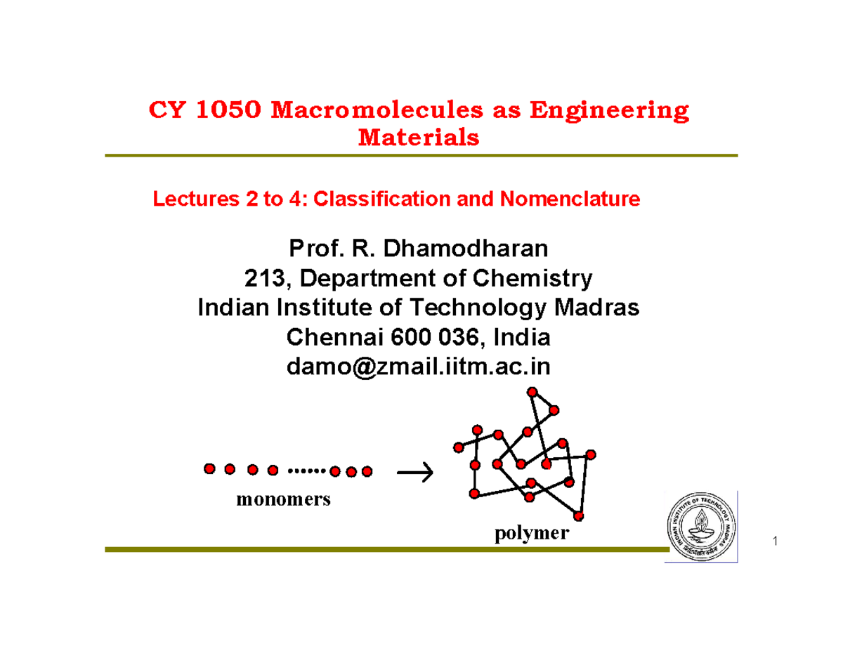 CY 1050 Macromolecules as Engineering Materials: Lectures 2-4 on ...