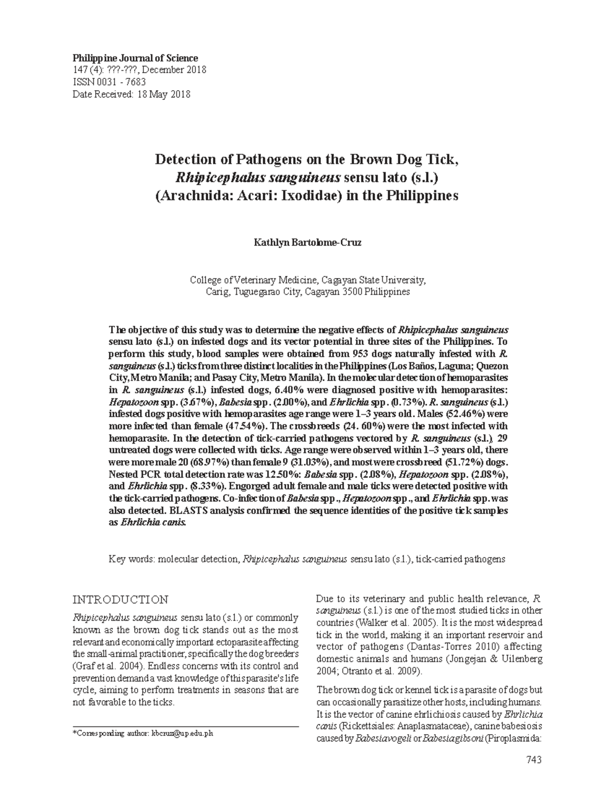 Detection of Pathogens in Rhipicephalus sanguineus s.l. Infested Dogs ...