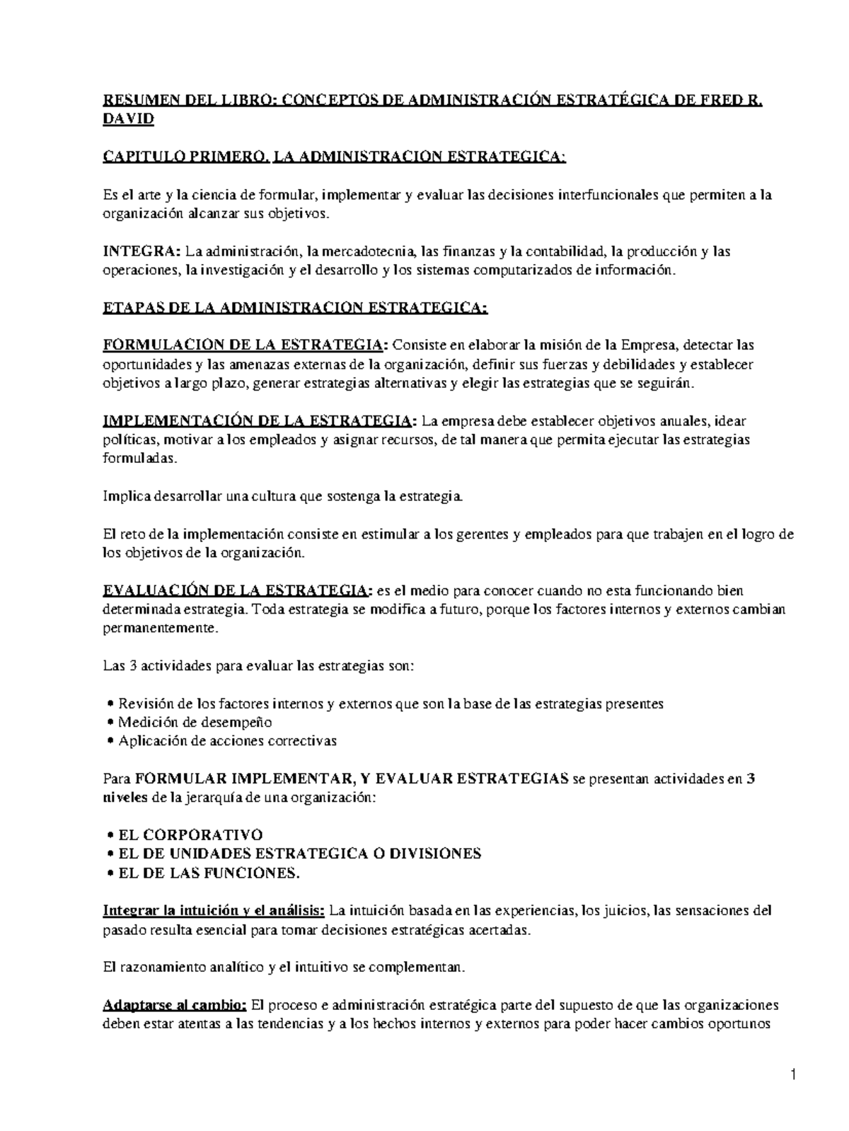 Resumen del libro Fred David - RESUMEN DEL LIBRO: CONCEPTOS DE ...