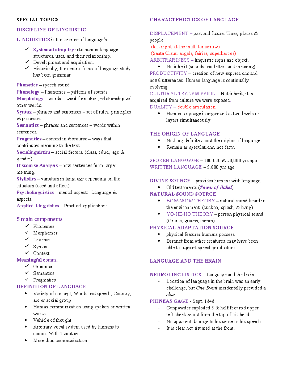 Special- Topics- Reviewer - SPECIAL TOPICS DISCIPLINE OF LINGUISTIC ...