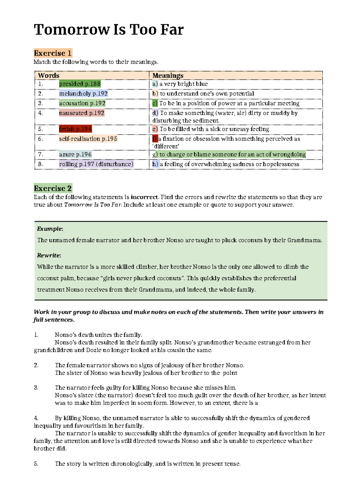 Tomorrow Is Too Far: Vocabulary & Thematic Analysis Exercises - Studocu