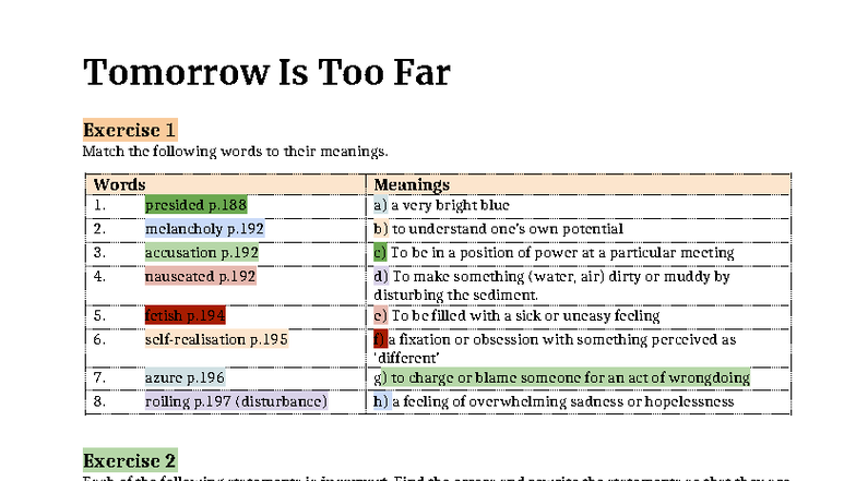 Tomorrow Is Too Far: Vocabulary & Thematic Analysis Exercises - Studocu
