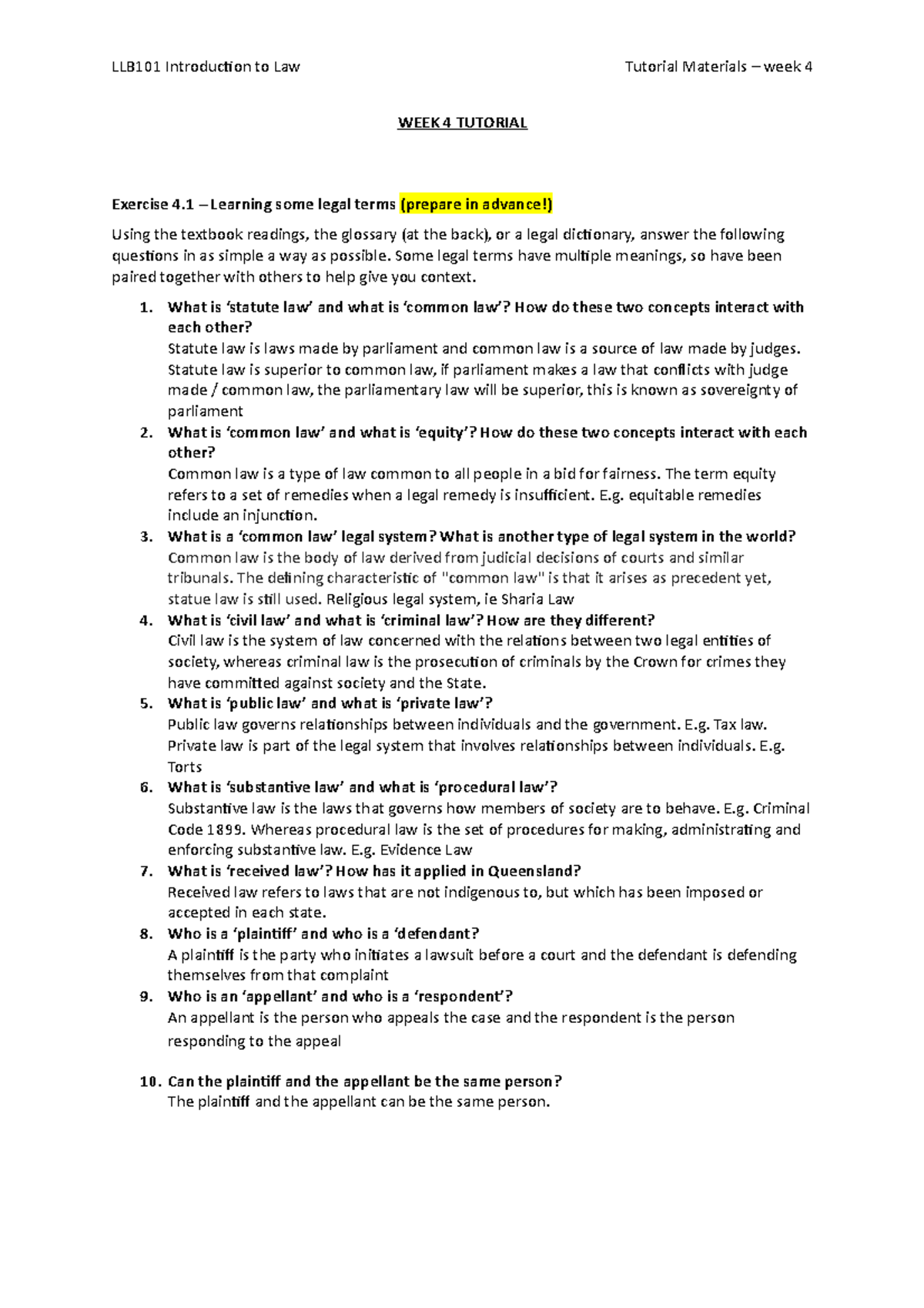 WEEK 4 2020 Tutorial - LLB101 Introduction to Law Tutorial Materials ...