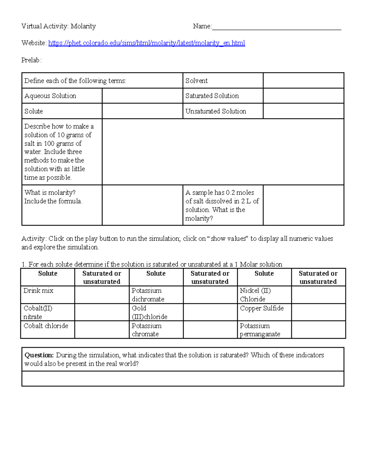 Molarity Simulation Prelab & Activity Guide - PHET Virtual Lab - Studocu