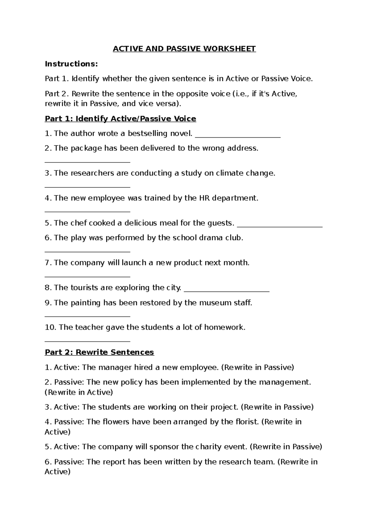 Active and Passive Voice Worksheet: Identification and Rewriting - Studocu