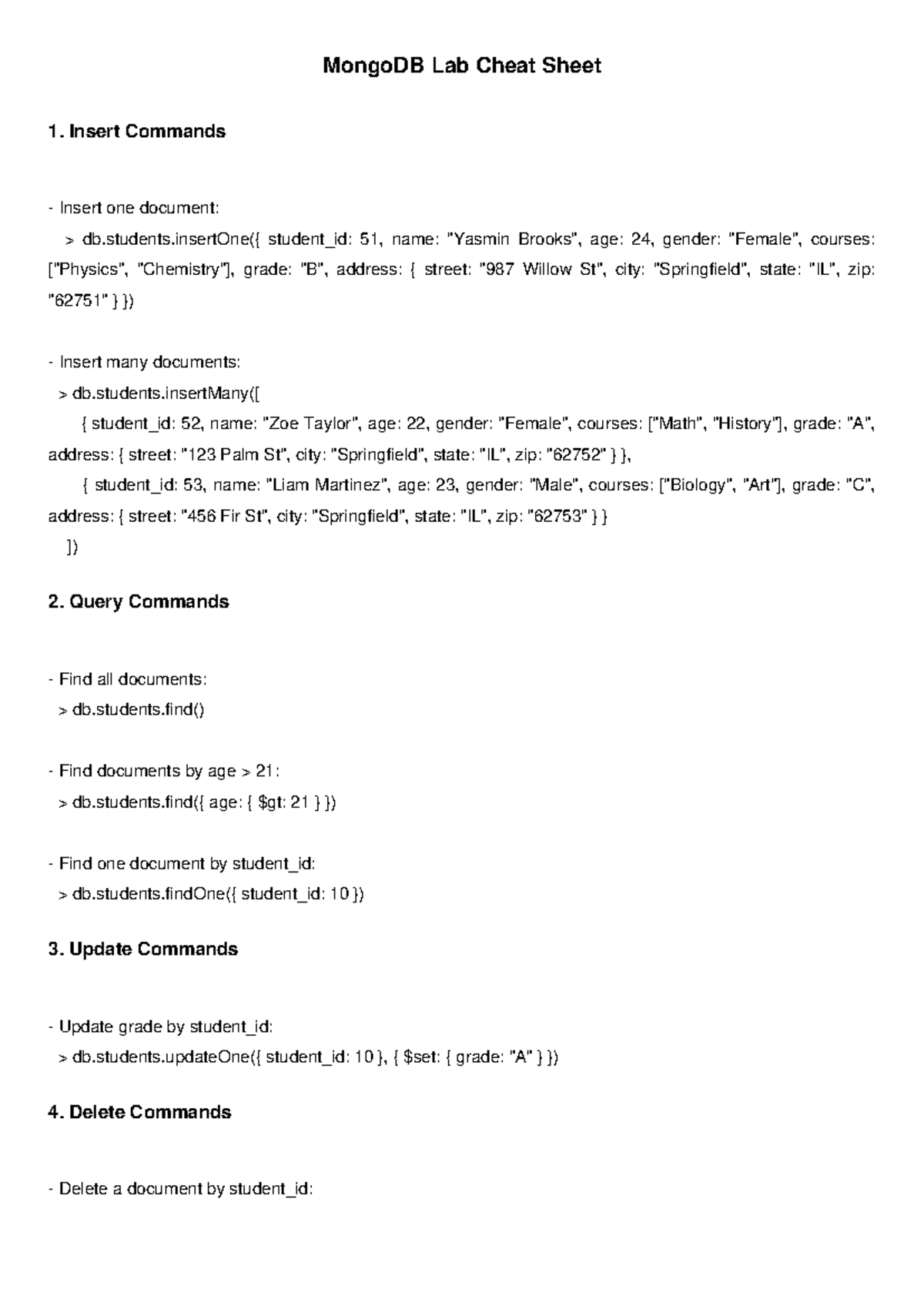 MongoDB Lab Cheat Sheet: Essential Commands & Queries - Studocu