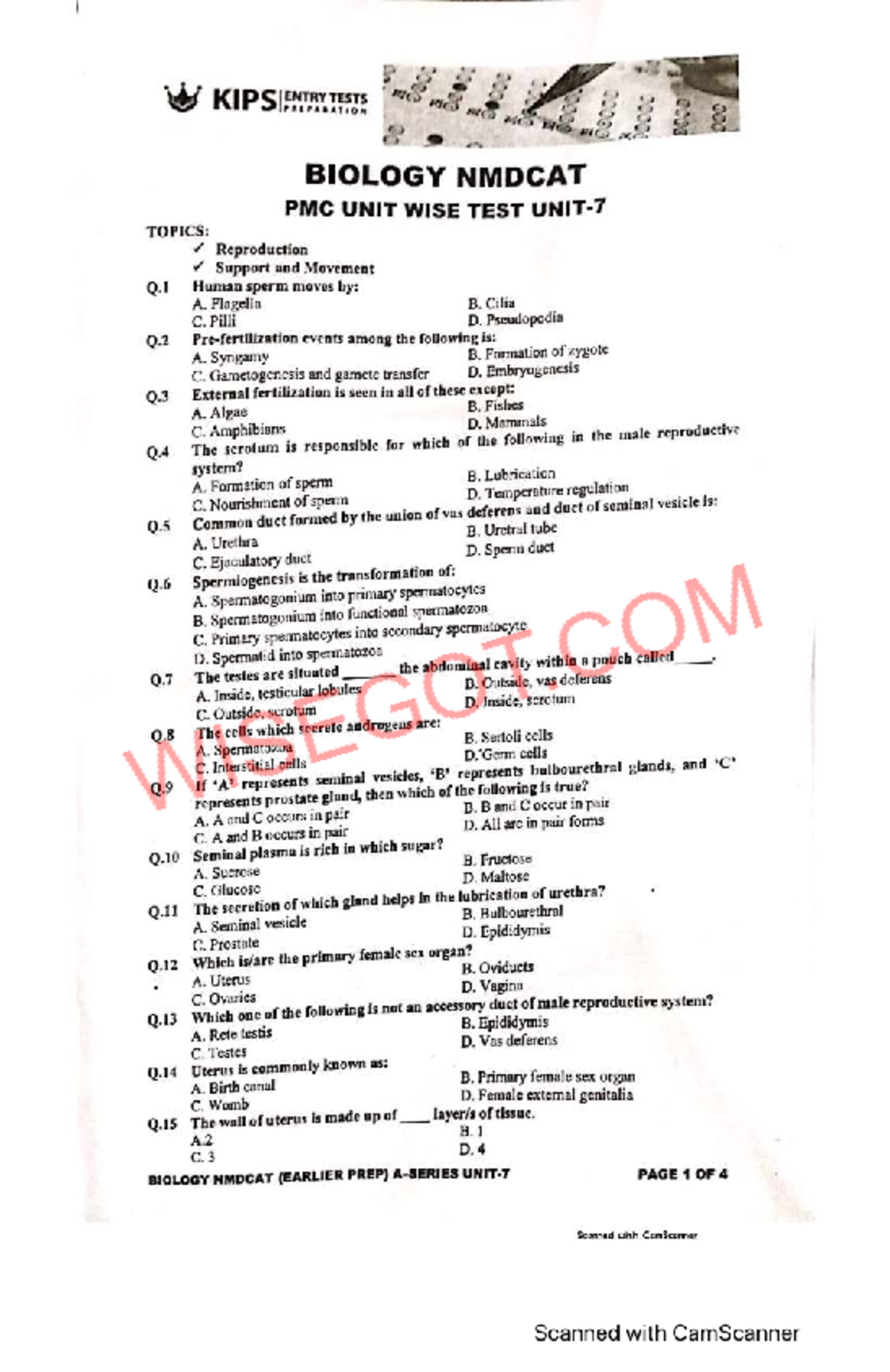 KIPS NMDCAT BIOLOGY ENTRY TEST: Reproduction, Support & Movement - Studocu