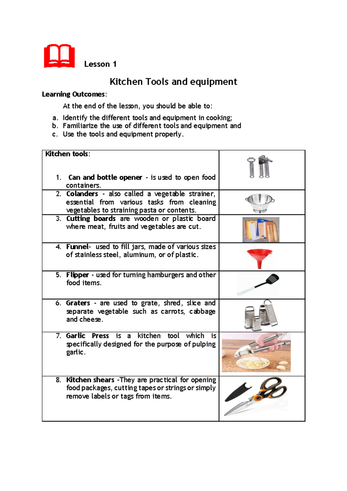 Kitchen Tools and Equipment: A Comprehensive Guide for Lesson 1 - Studocu