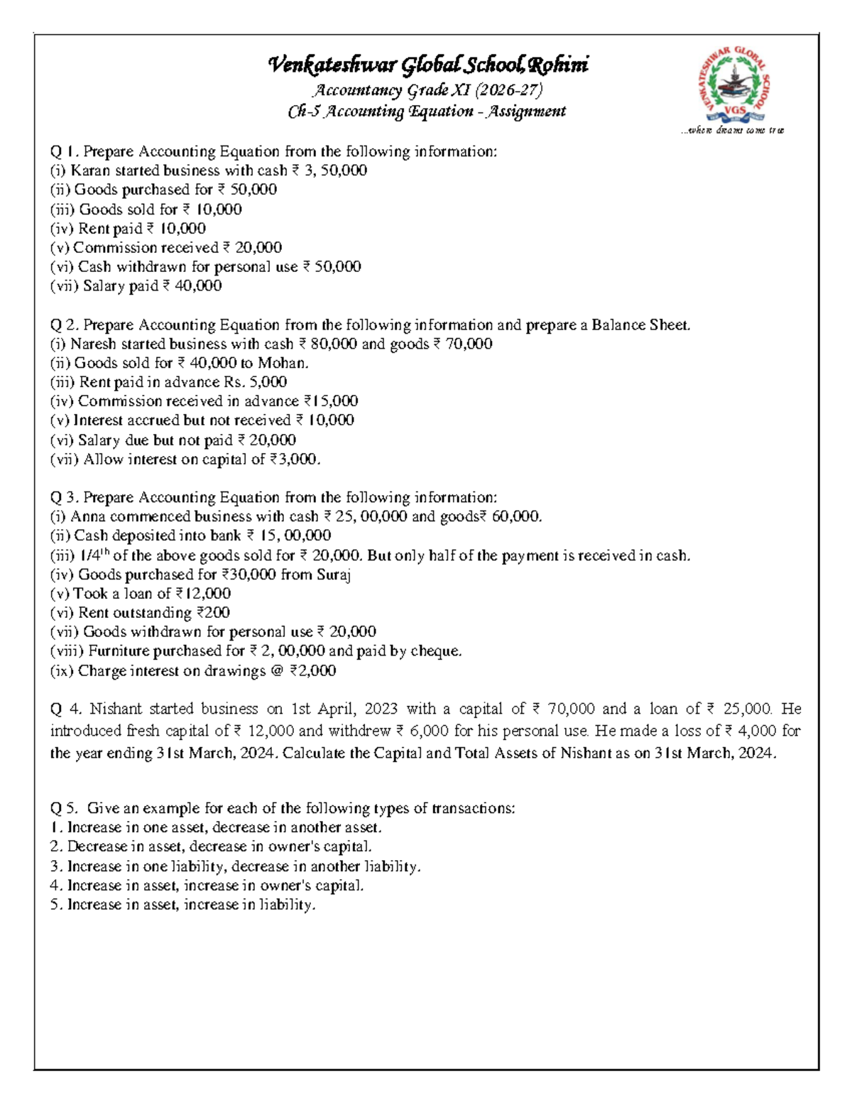 Accountancy Grade XI: Accounting Equation Assignment - Ch 5 - Studocu