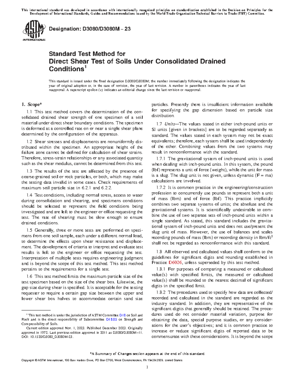 ASTM D3080: Standard Test Method for Direct Shear Test of Soils - Studocu