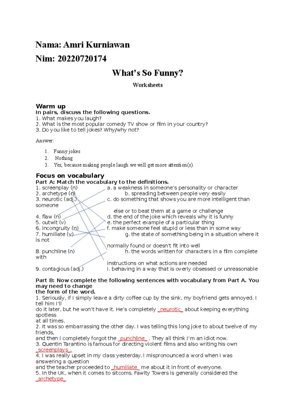Worksheets: Exploring the Elements of Humor and Comedy - Studocu