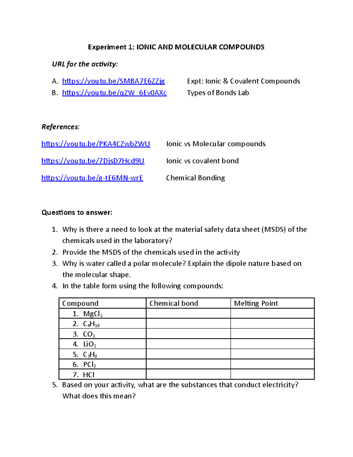 Experiment One, Ions and Molecules - Experiment 1: IONIC AND MOLECULAR ...