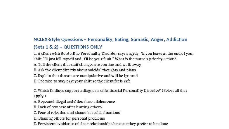 NCLEX Sets 1 & 2: Personality Disorders & Addiction Questions - Studocu