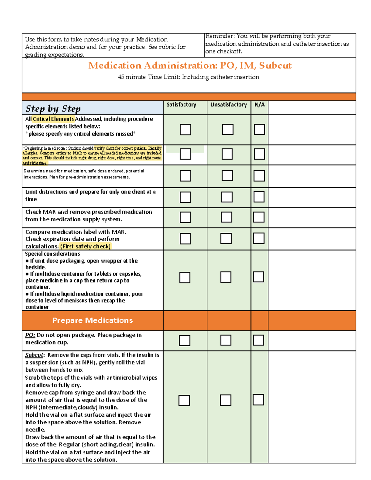 Medication Administration Check Off V5 - Satisfactory Unsatisfactory N ...