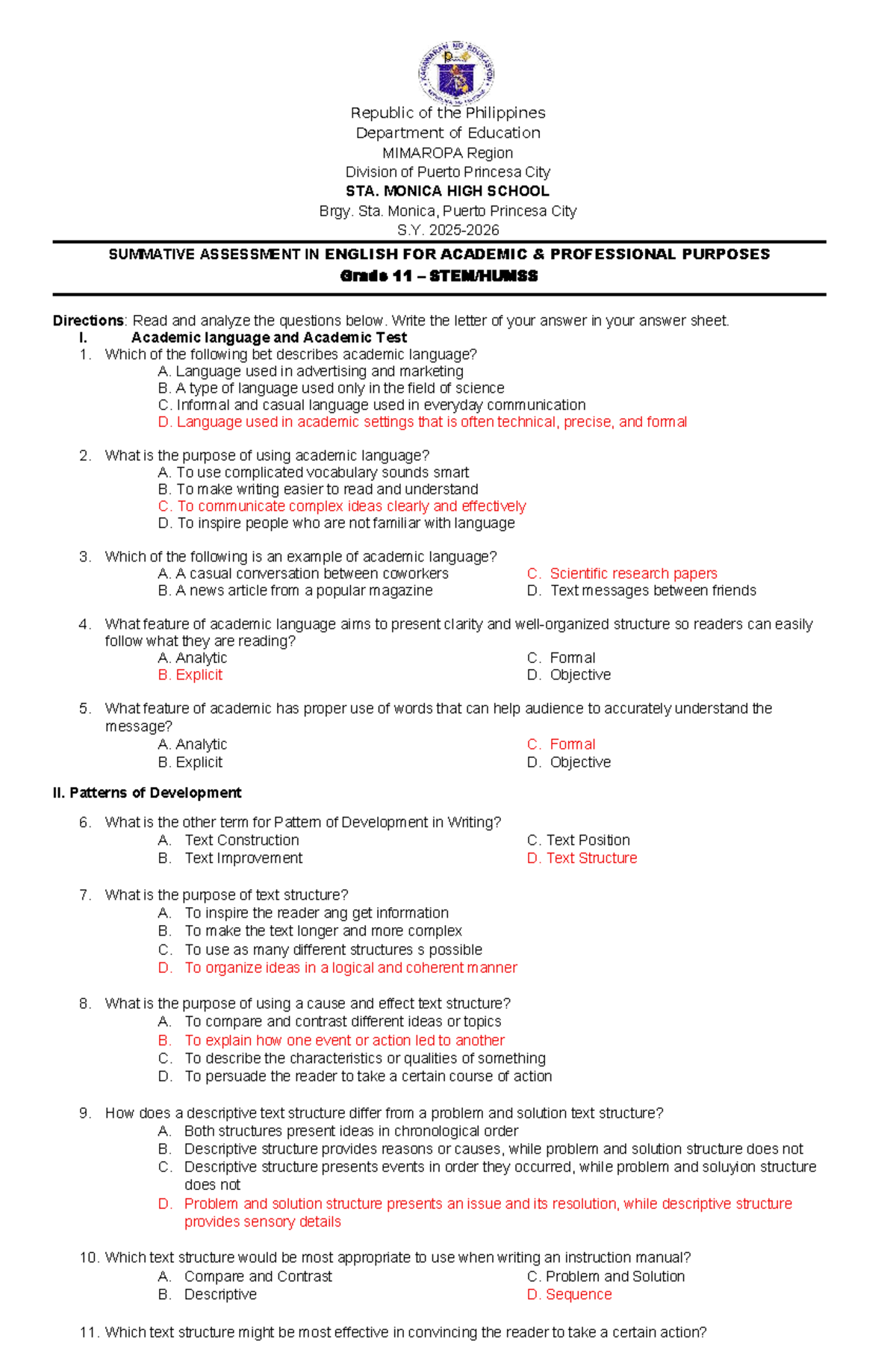 Summative Assessment in EAPP for Grade 11 - English - Studocu