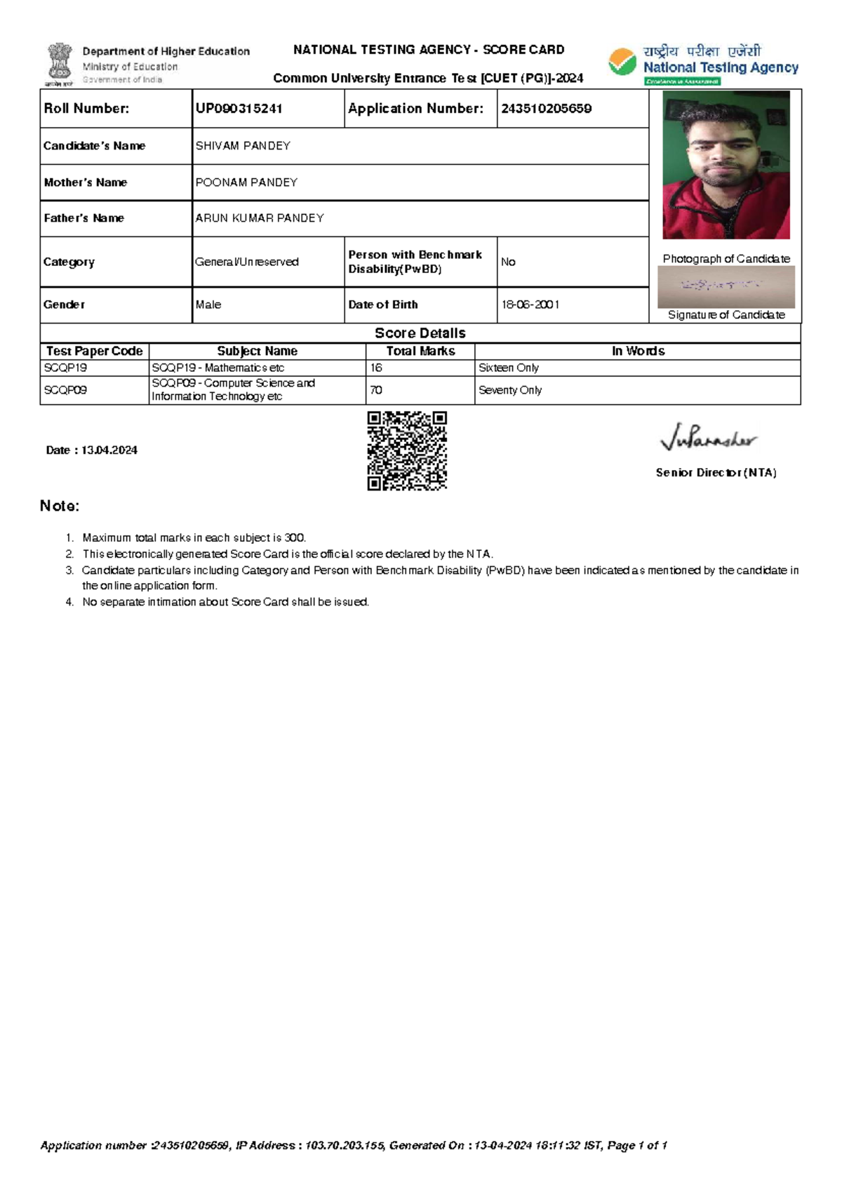 CUET PG Score Card - Shivam Pandey (Roll No: UP090315241) - Studocu