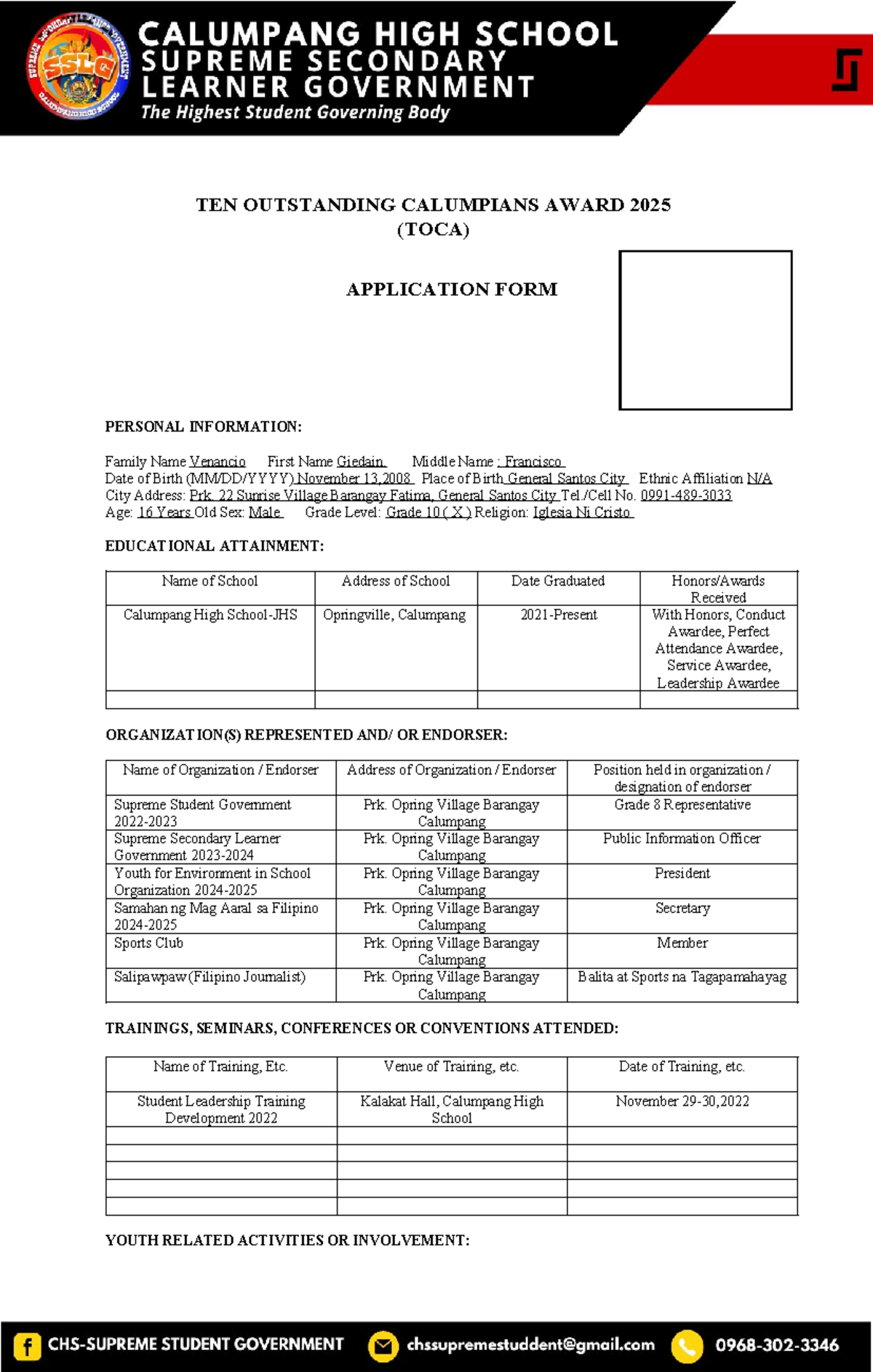 TOCA Application Form for Ten Outstanding Calumpians Award 2025 - Studocu