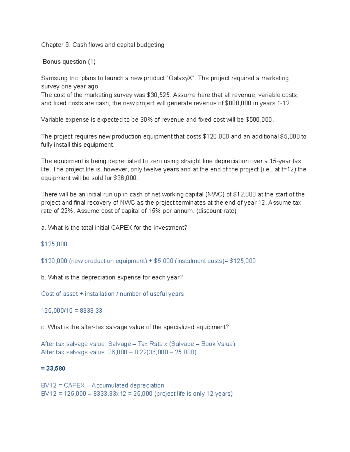 Chapter 9: Cash Flows & Capital Budgeting - Bonus Q (Tutorial 8) - Studocu