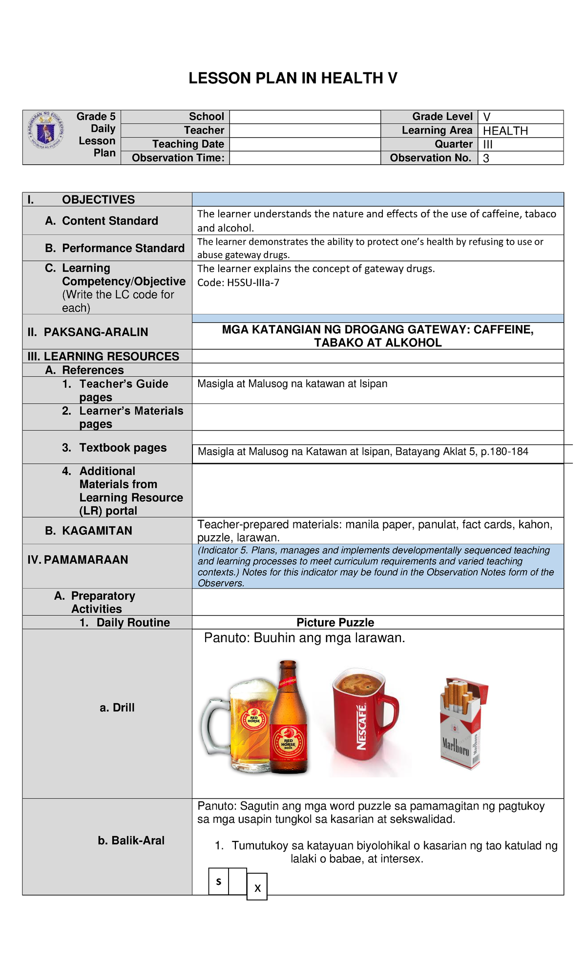 COT- Health-5- Lesson Plan on Gateway Drugs: Caffeine, Tobacco, Alcohol ...