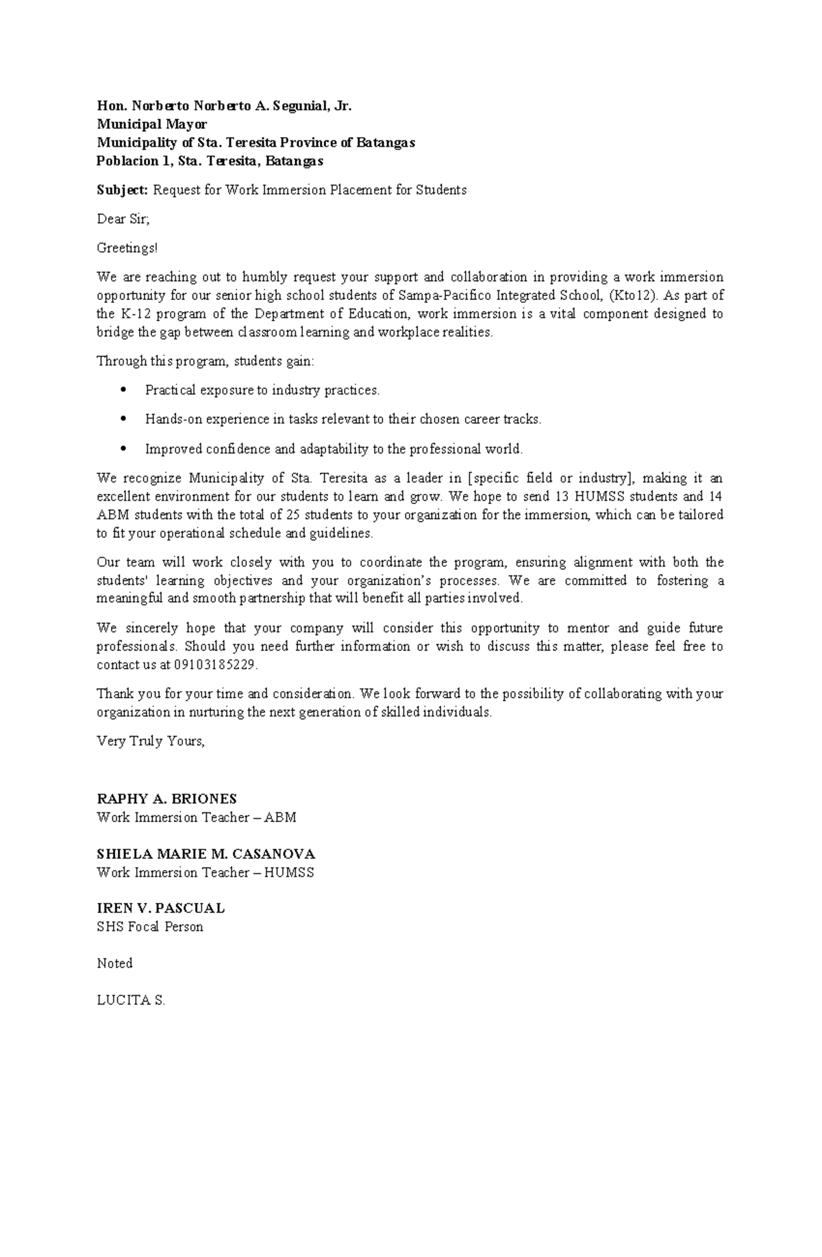 Work Immersion Letter - Hon. Norberto Norberto A. Segunial, Jr ...