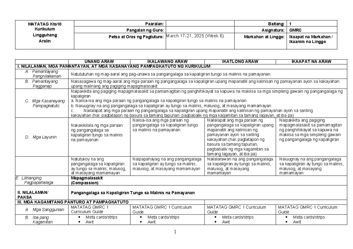 GMRC 1 DLL Q4 WEEK 6 - DAILY LESSON LOG - MATATAG Kto Kurikulum Lingguhang Aralin Paaralan ...