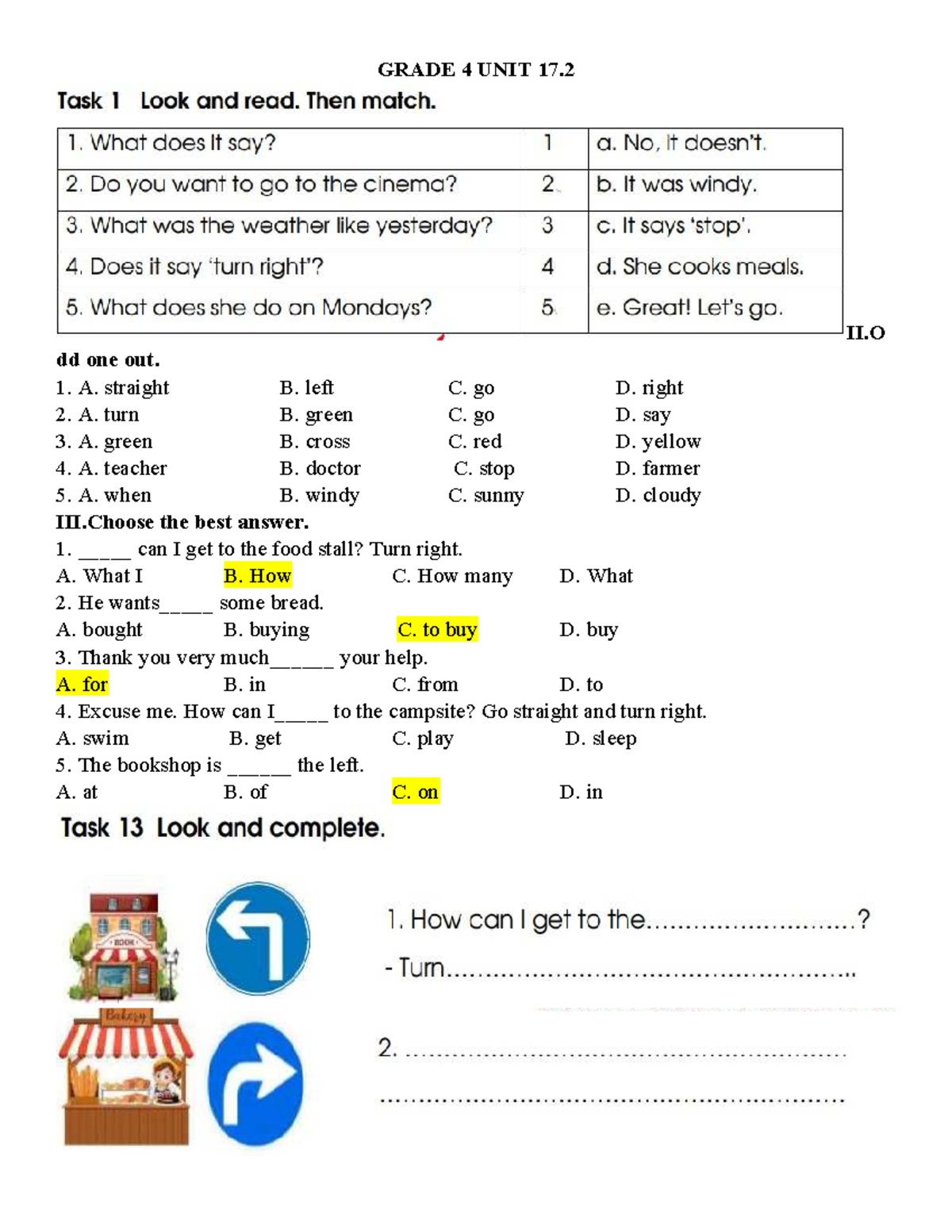 Grade 4 Unit 17.2 - Vocabulary and Directions Exercises - Studocu