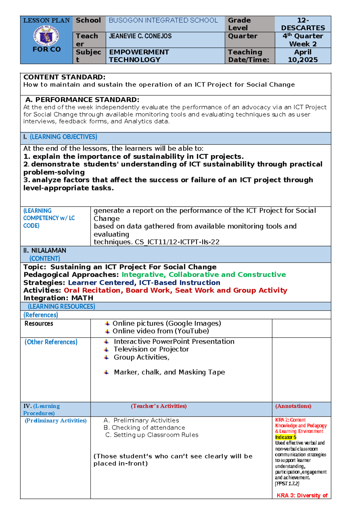 Q4 Lesson Plan: Sustaining ICT Projects for Social Change (12DESCARTES ...