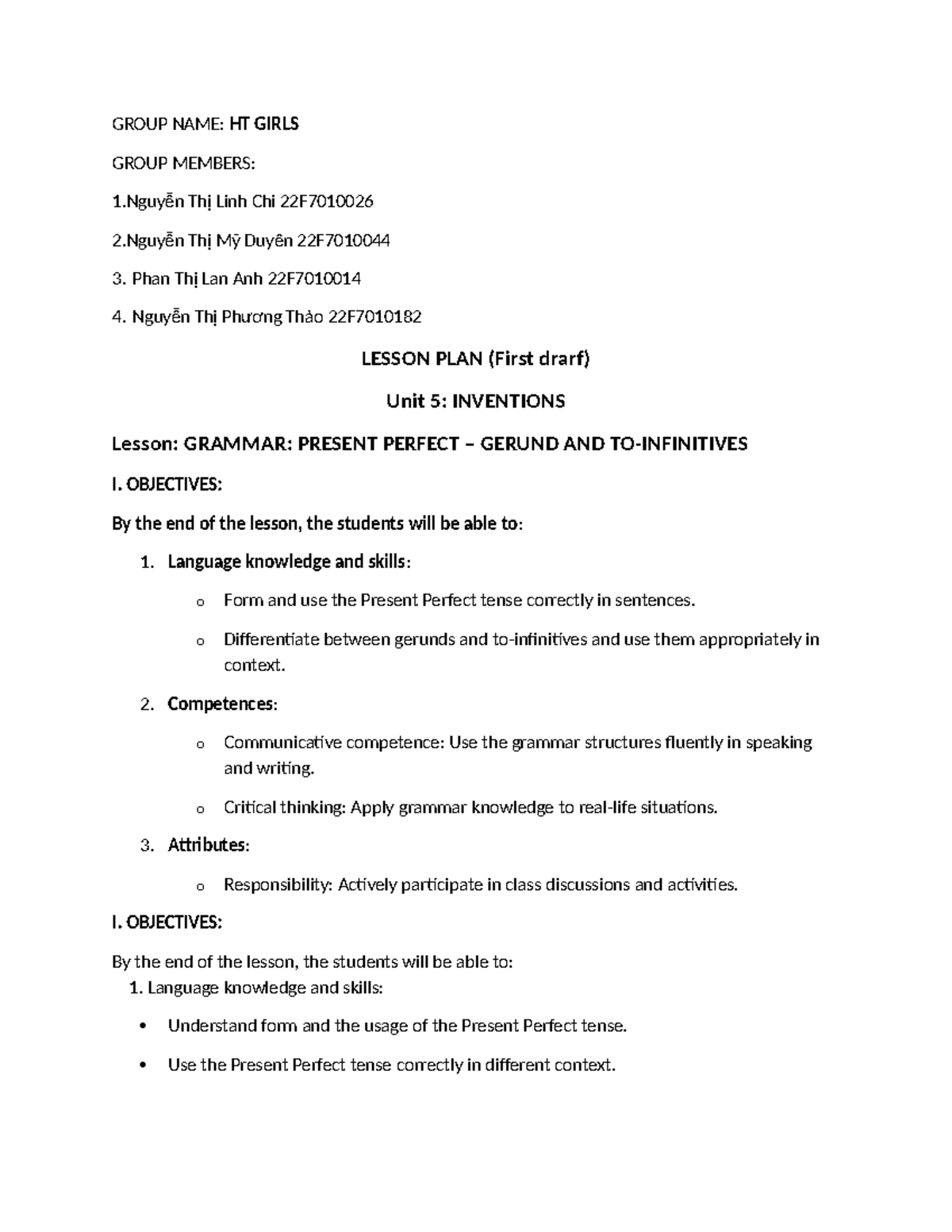 Lesson Plan: Present Perfect & Gerund (Unit 5) - HT 22F701 - Studocu