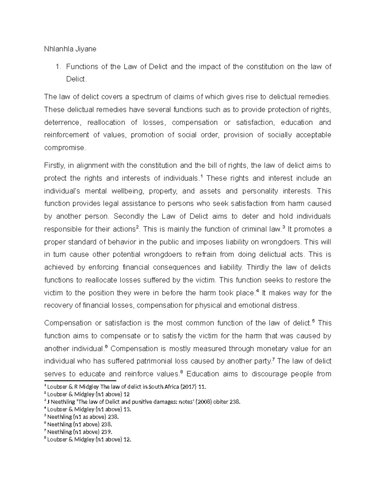 DLR 101: Functions of the Law of Delict and Constitutional Impact - Studocu
